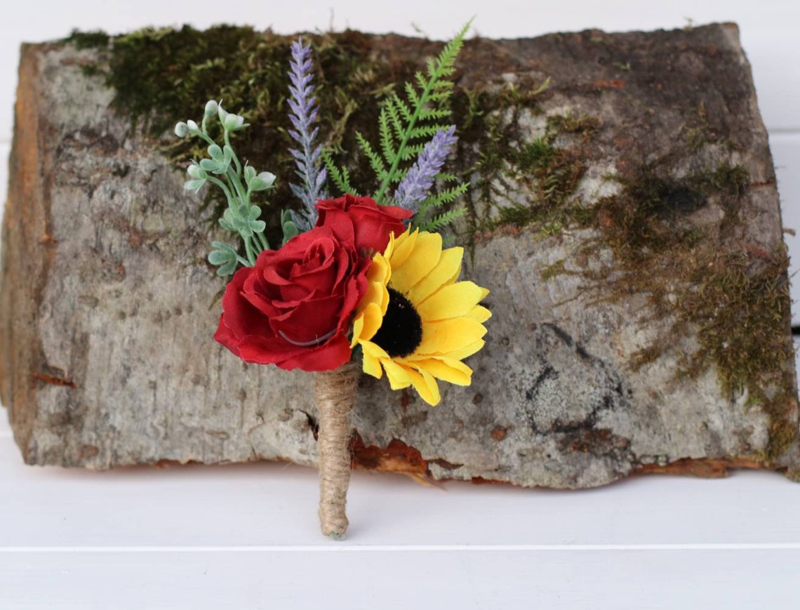 Sunflower Wedding Boutonniere Flower Boutonniere Burgundy Boutonniere ...