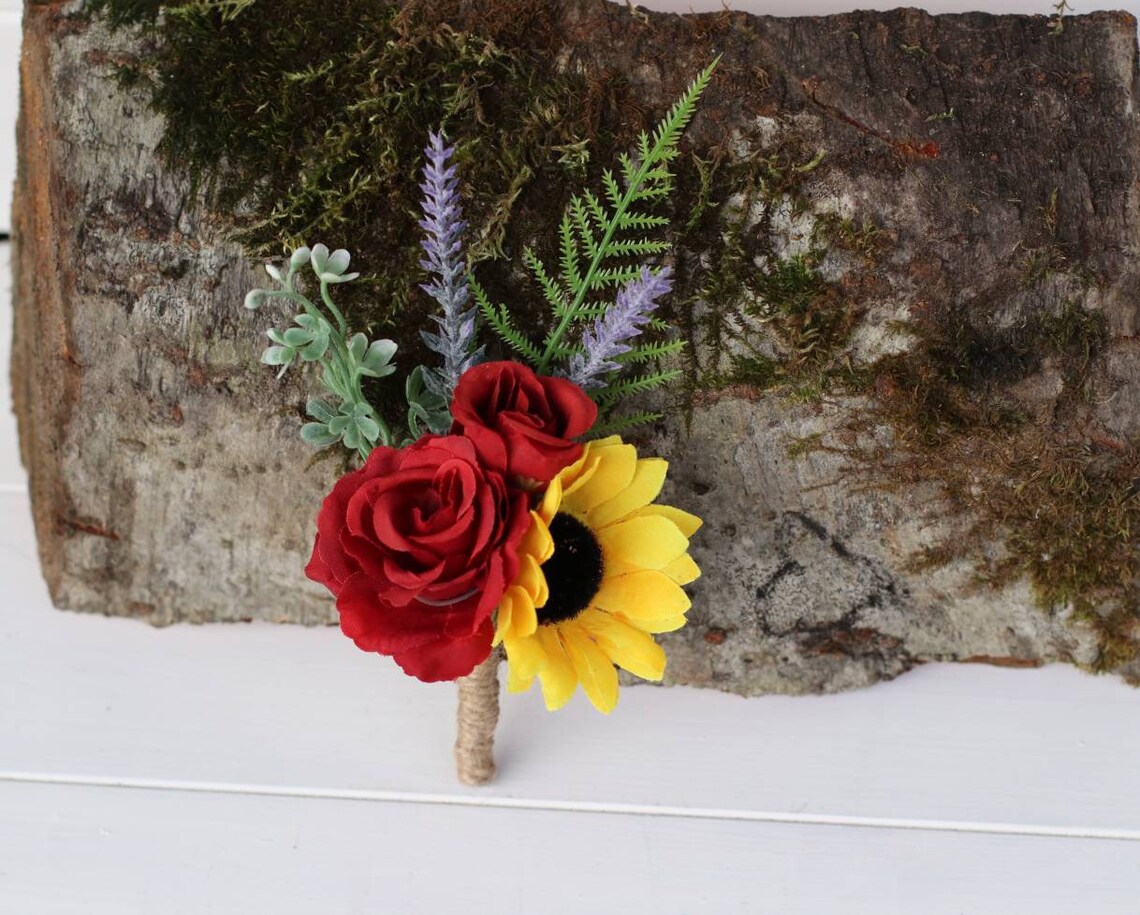 Sunflower Wedding Boutonniere Flower Boutonniere Burgundy Boutonniere ...