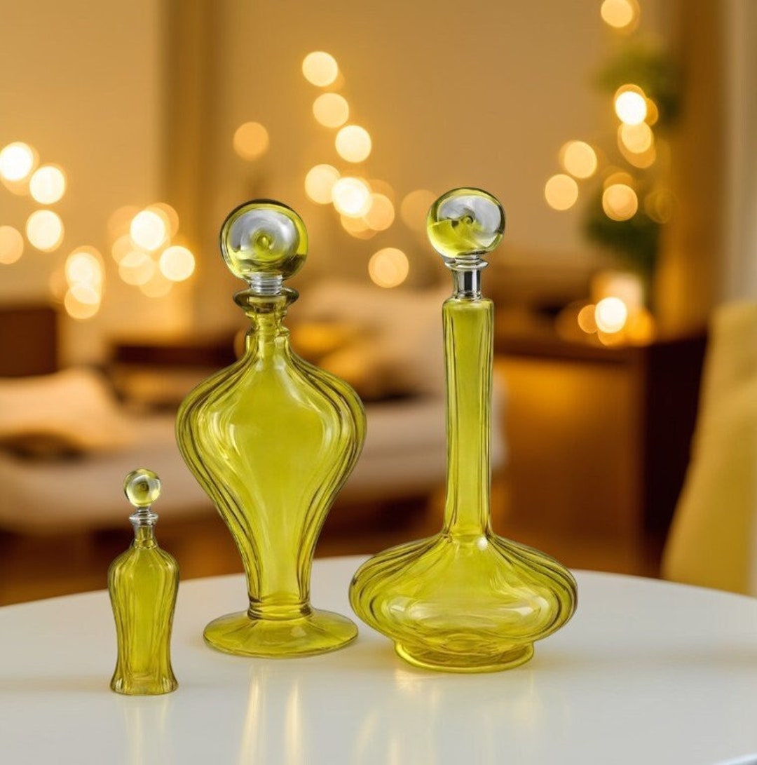 Blown Glass Perfume Bottle With Stopper, Set of 3 Handmade Art Deco ...