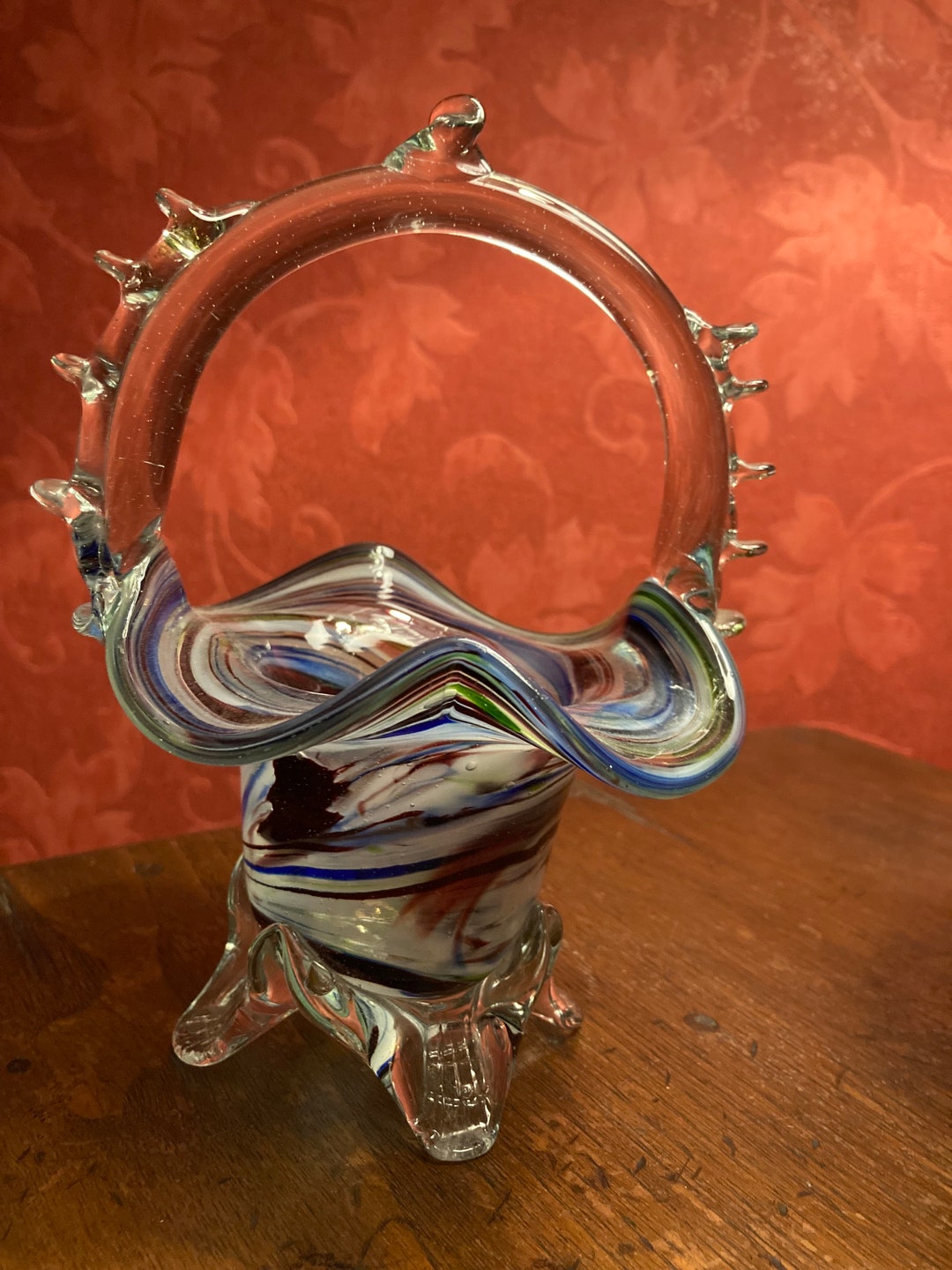 Vintage , Hand Made , Romanian Glass Multi Coloured Decorative Basket ...