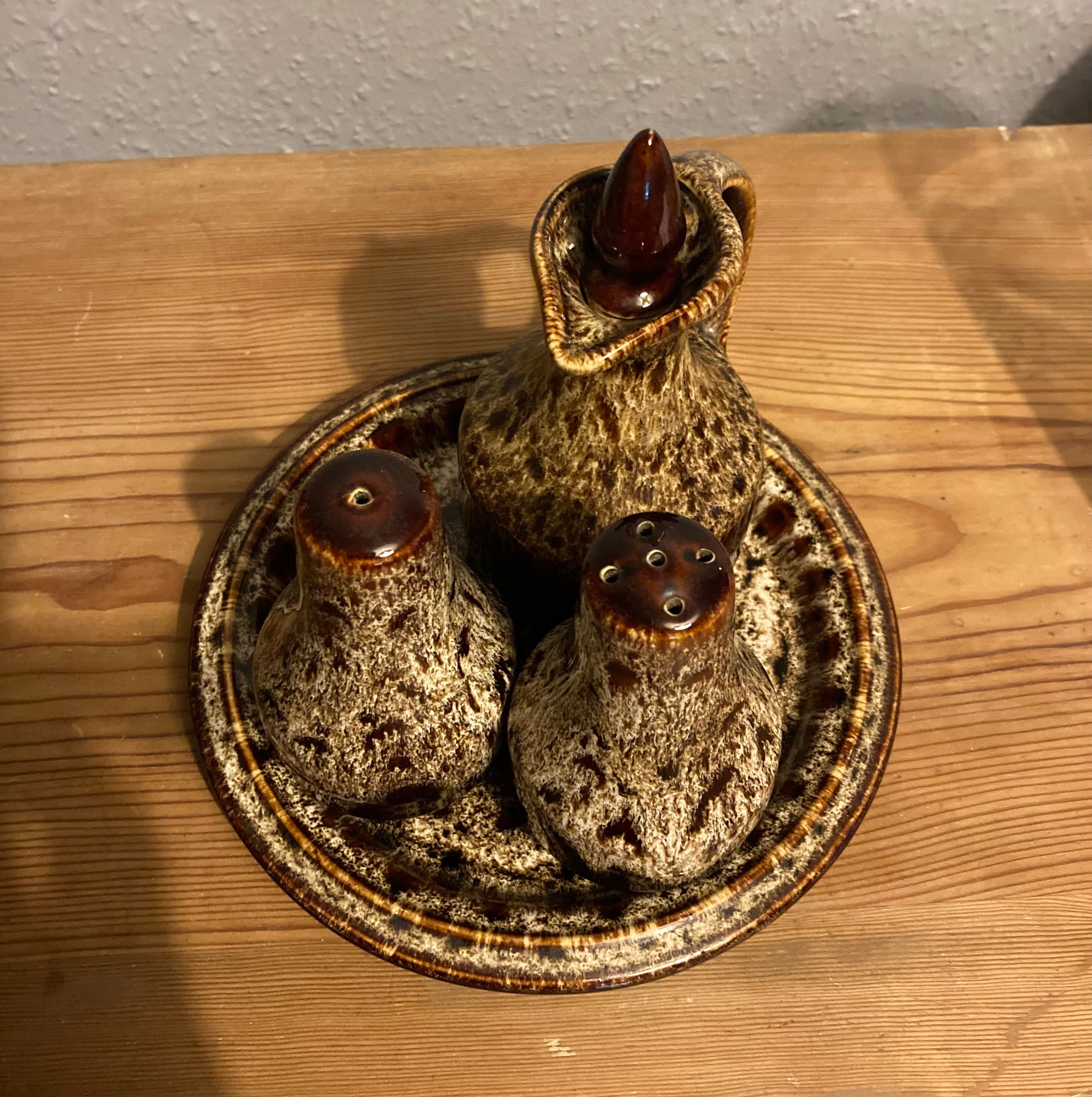 Vintage Kernewek Pottery Cruet Set: Brown Drip Glaze, Salt Pepper ...
