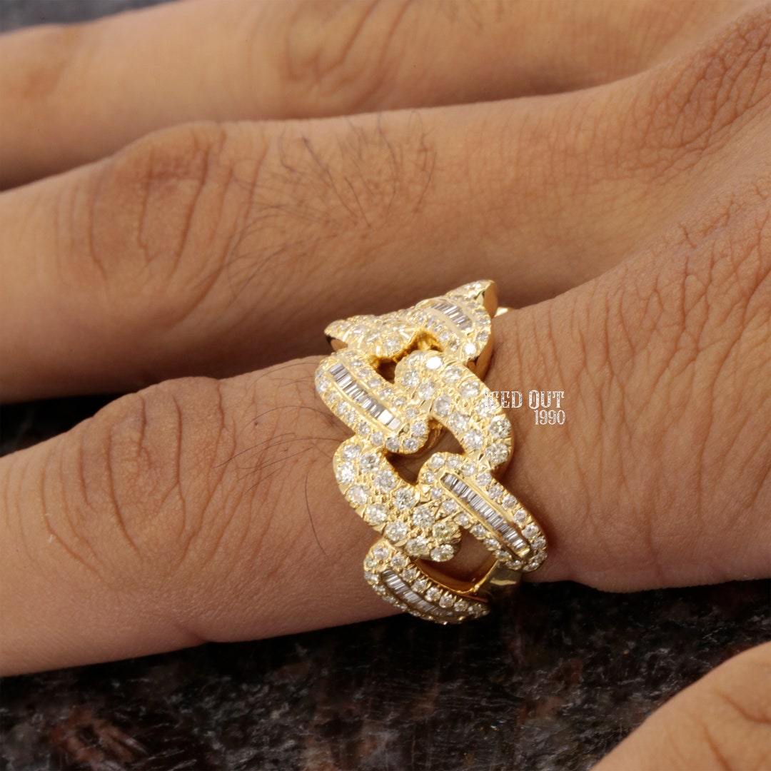 Miami Cuban Link Chain Mens Hip Hop Ring, Real VVS Moissanite Iced Out Ring, 10K Solid Gold Mens ...