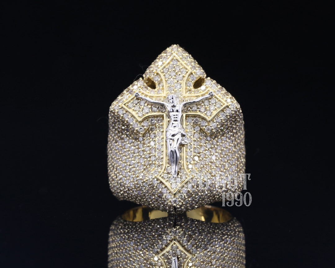Mens Iced Out Cross Ring Christian Cross Ring 14K Solid Yellow Gold Jesus Ring Hip Hop Ring Bust ...