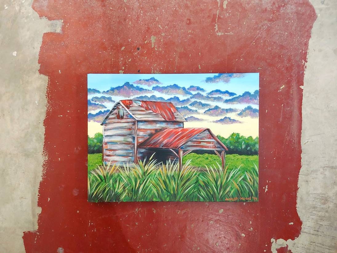 Tobacco Barn Oil Painting Red Barn And Tobacco Fields, Wyse Fork, NC