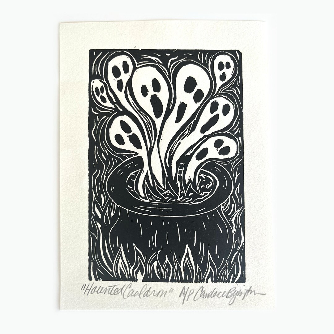 Spooky Ghost Cauldron Handmade Linocut Print Tiny Halloween Home Decor ...