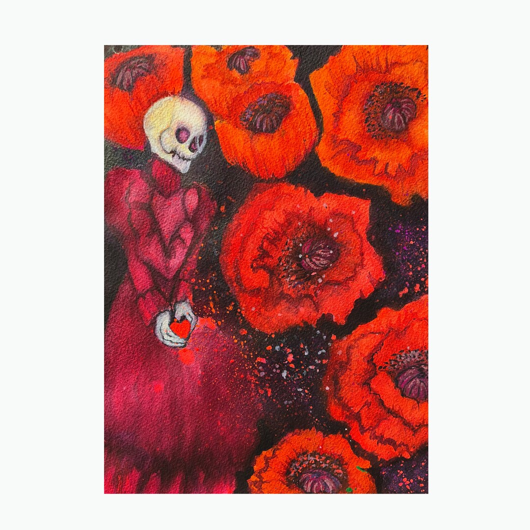 Red Poppies and Skeleton Watercolor - Glows in Black Light - Spooky ...