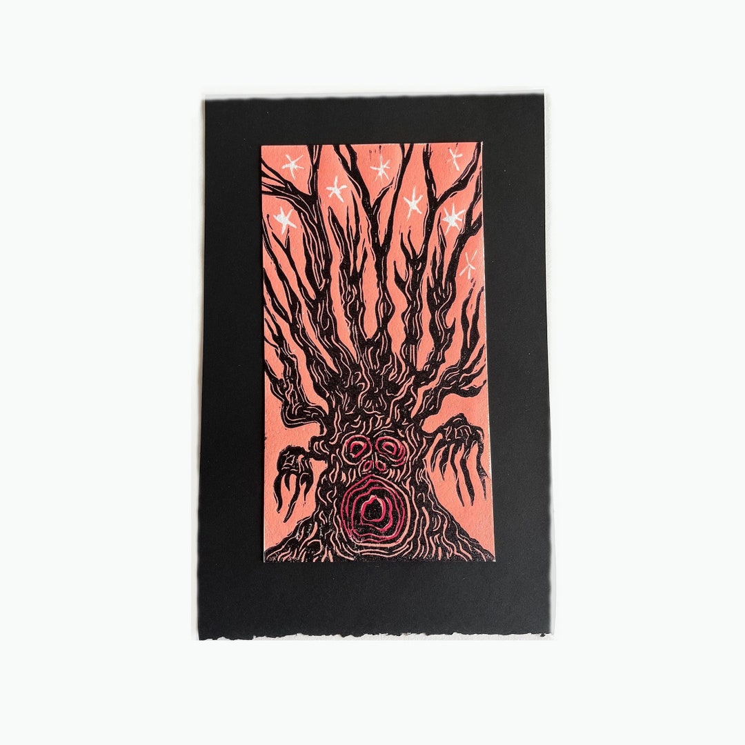 Spooky Tree Linocut Print: Pink Halloween Decor, Black Light Art - Etsy