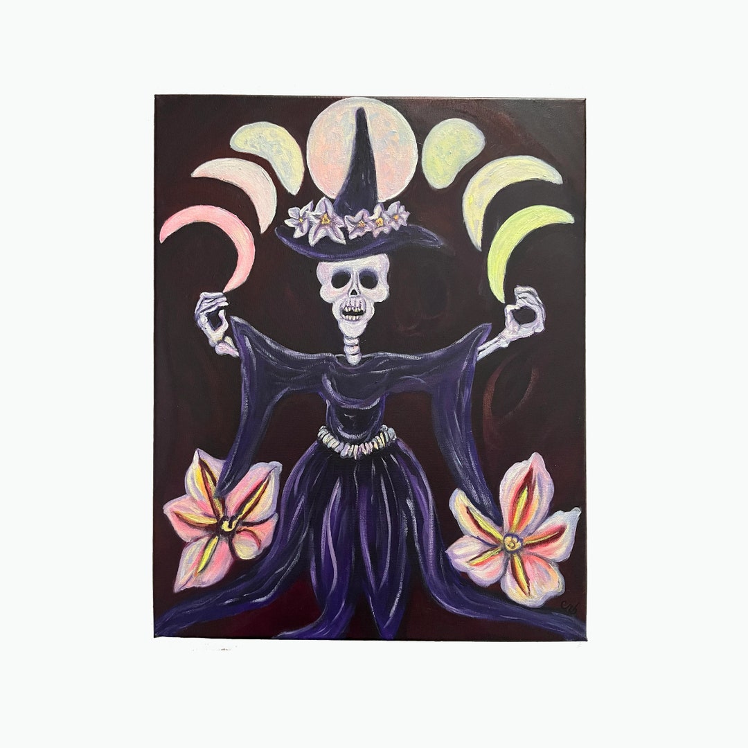 Skeleton Witch Moon Phase Moonflower Black Light Art - Etsy
