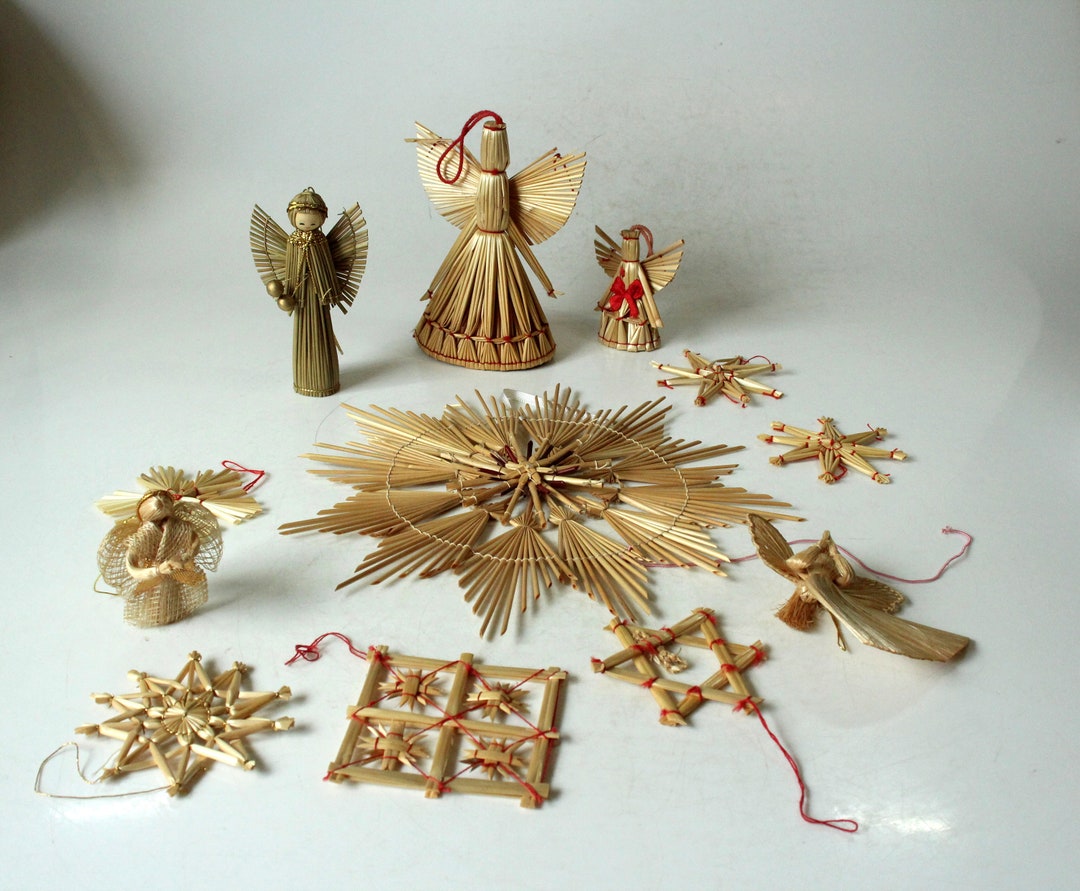 Straw Angels and Straw Stars Vintage With Decorations, Handmade, Mid ...