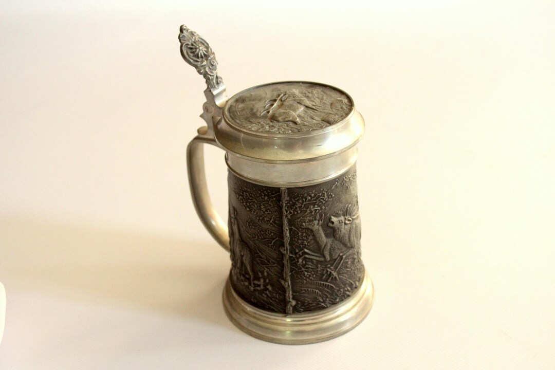 German Pewter Beer Mug With Pewter Lid and Elaborate Engraving - Marked ...