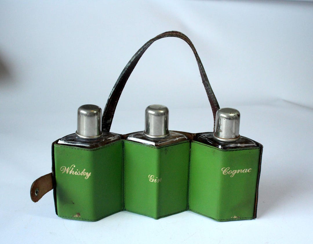 Set of 3 Hip Flasks in a Leather Case With Carrying Handle - Travel ...