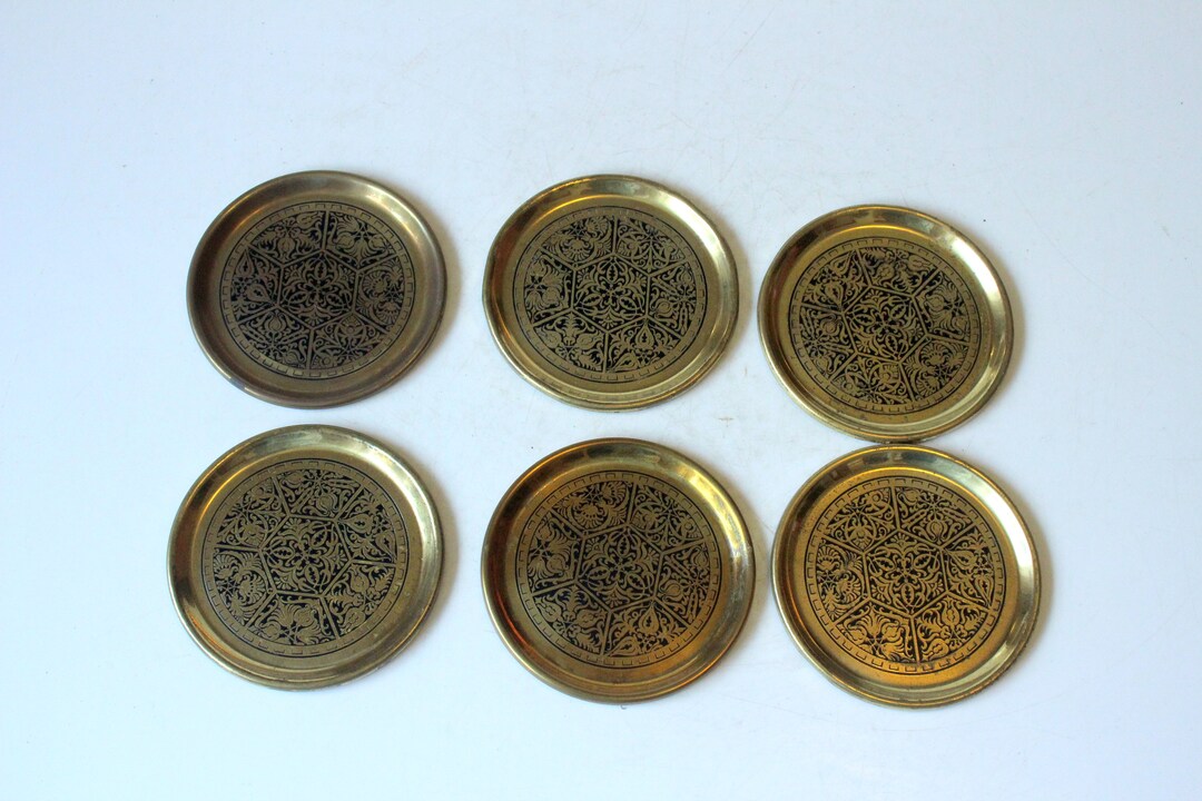 6 Brass Coasters 1970s With Engraving Country Style - Etsy