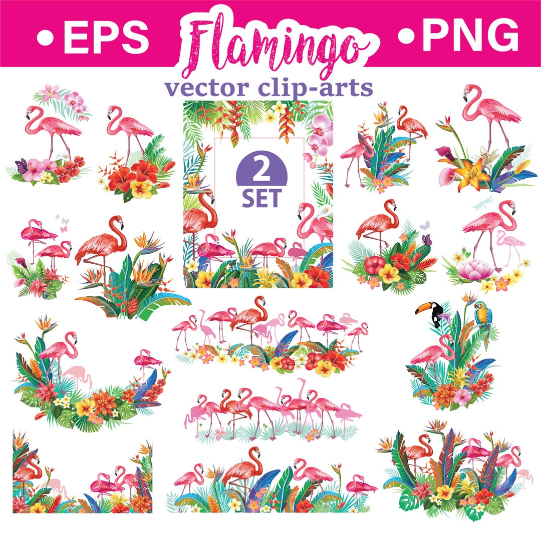 Flamingo Clipart Set, Tropical Flamingo Frames and Flowers, EPS PNG SVG ...