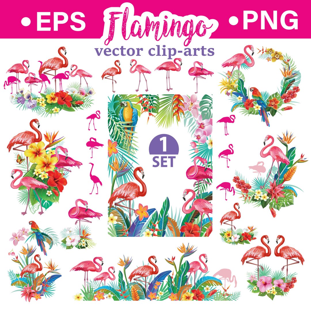 Flamingo and Tropical Flowers Clipart Set | Pink Flamingo Vector ...