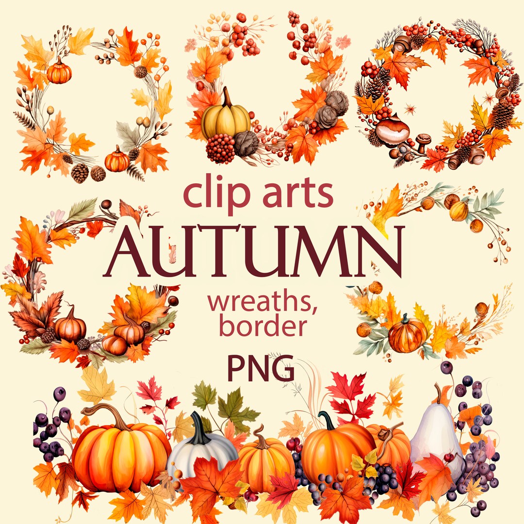 Autumn Wreaths and Border, Autumn Elements Clipart, Fall Season Clipart ...