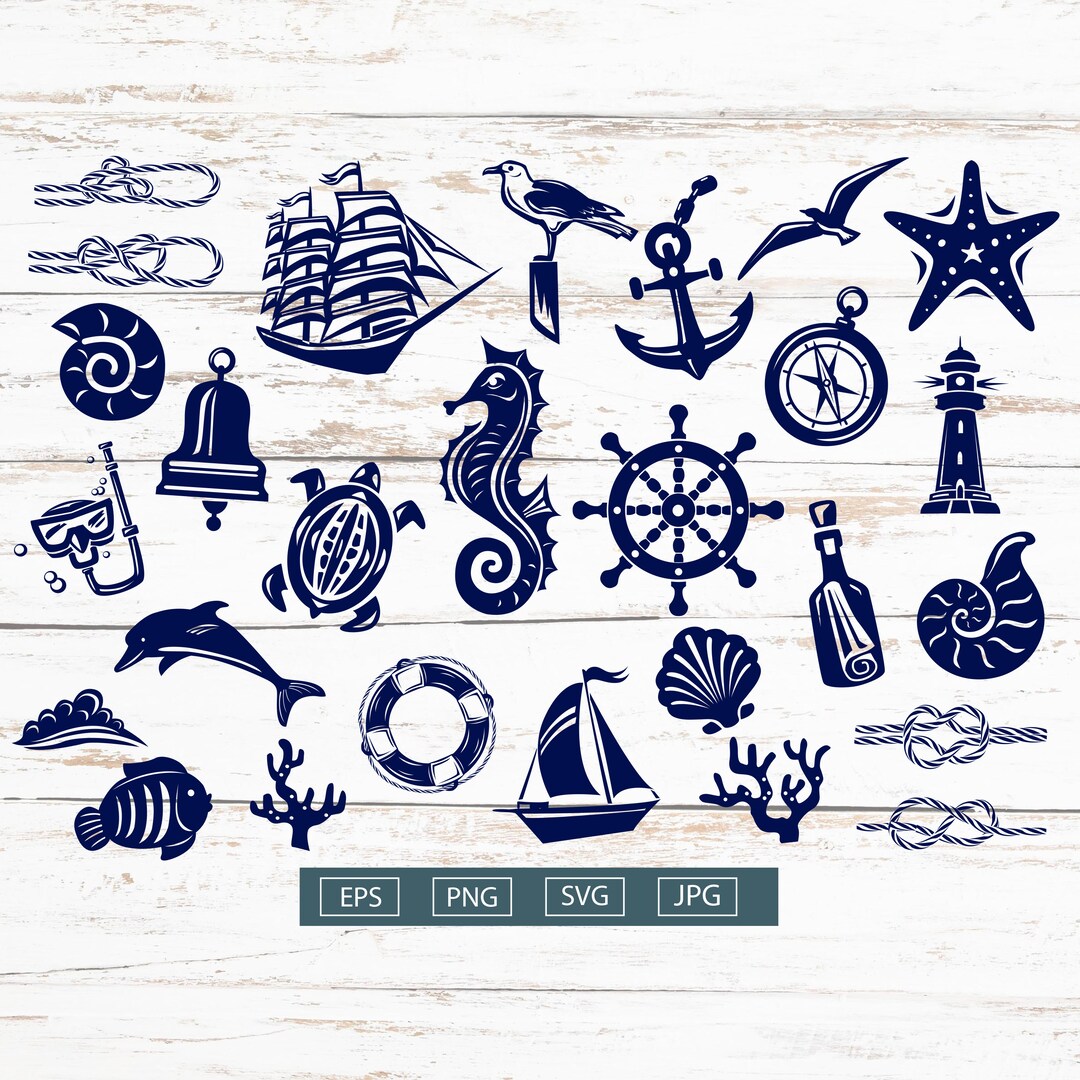 Nautical Clipart Set, Silhouette, Stencil, Nautical and Sea Symbols SVG ...