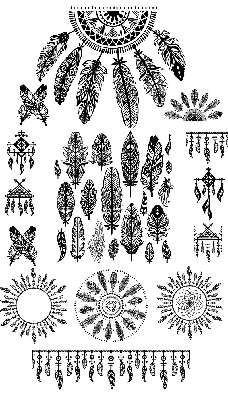 Dreamcatcher and Tribal Feathers Clipart Bundle SVG PNG EPS | Boho ...