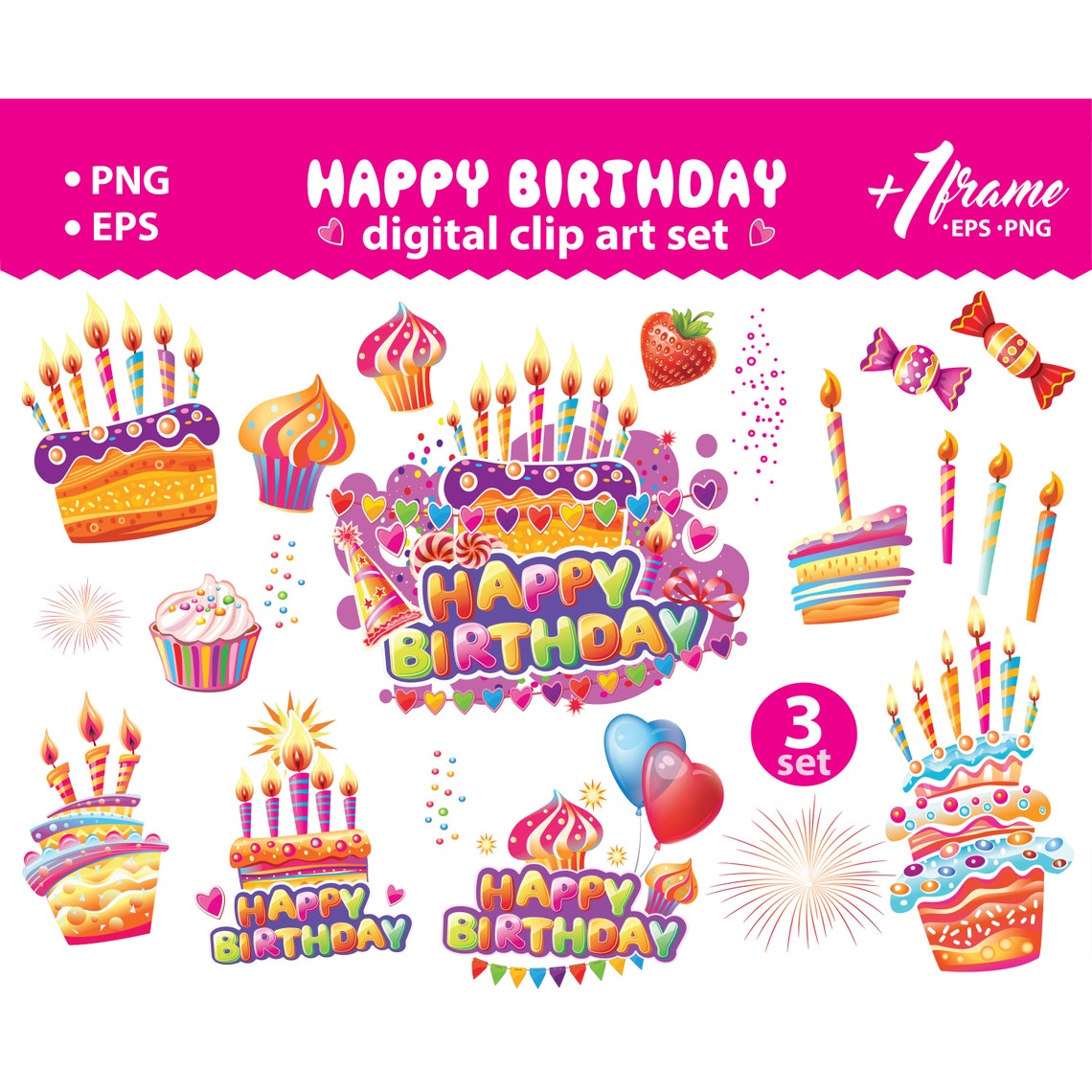 Happy Birthday Digital Clipart Party Décor Happy Birthday - Etsy