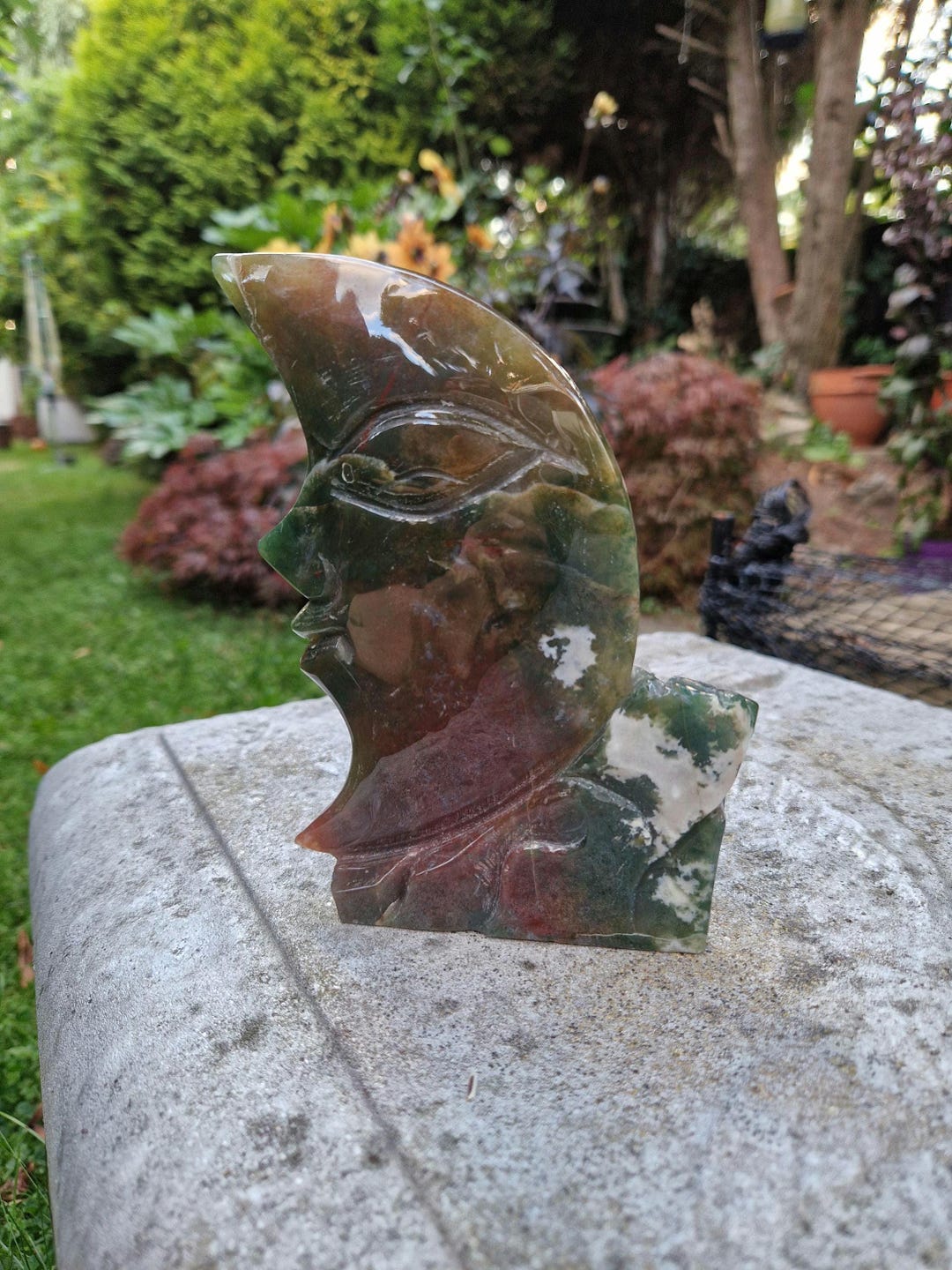 Moss Agate Moon, Red Moss Agate Moon Face Carving, Crystal Crescent ...