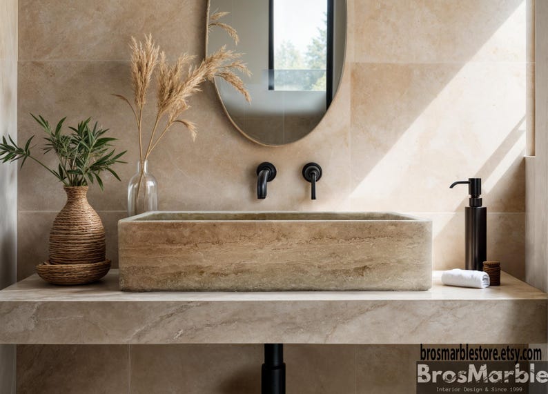 Handcrafted Travertine Vessel Sink: Rectangular Stone Bathroom Basin - Etsy