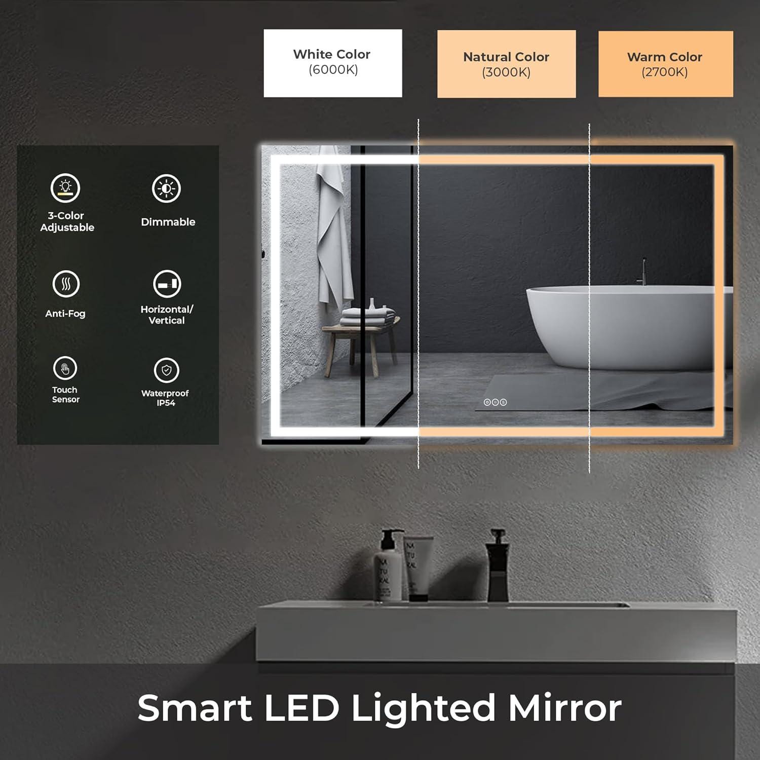 Smart Lighted Bathroom Mirror With Lights for Wall, Wall-mounted ...