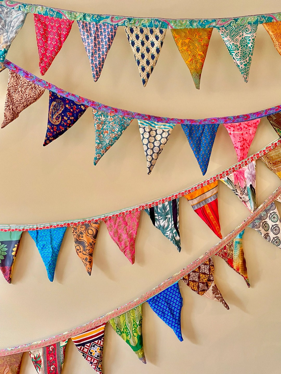 Recycled Sari Bunting - Colorful Flags - Handmade Garden Garland - Sari ...