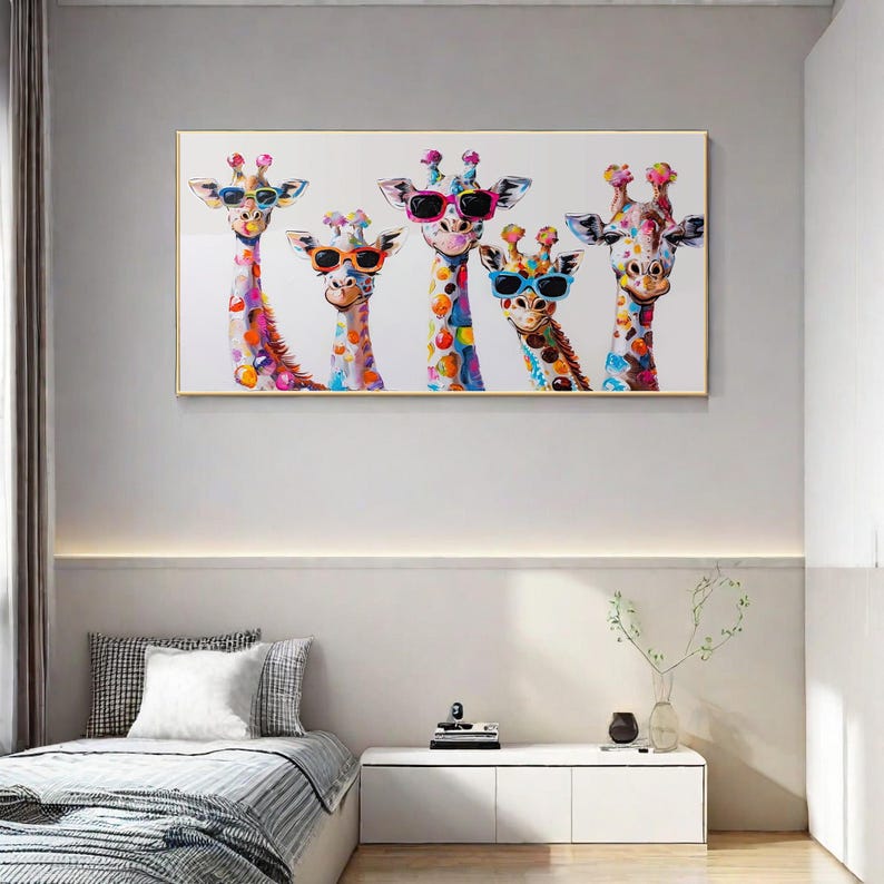Abstract Colorful Giraffes Oil Painting Original Giraffe Family Canvas ...