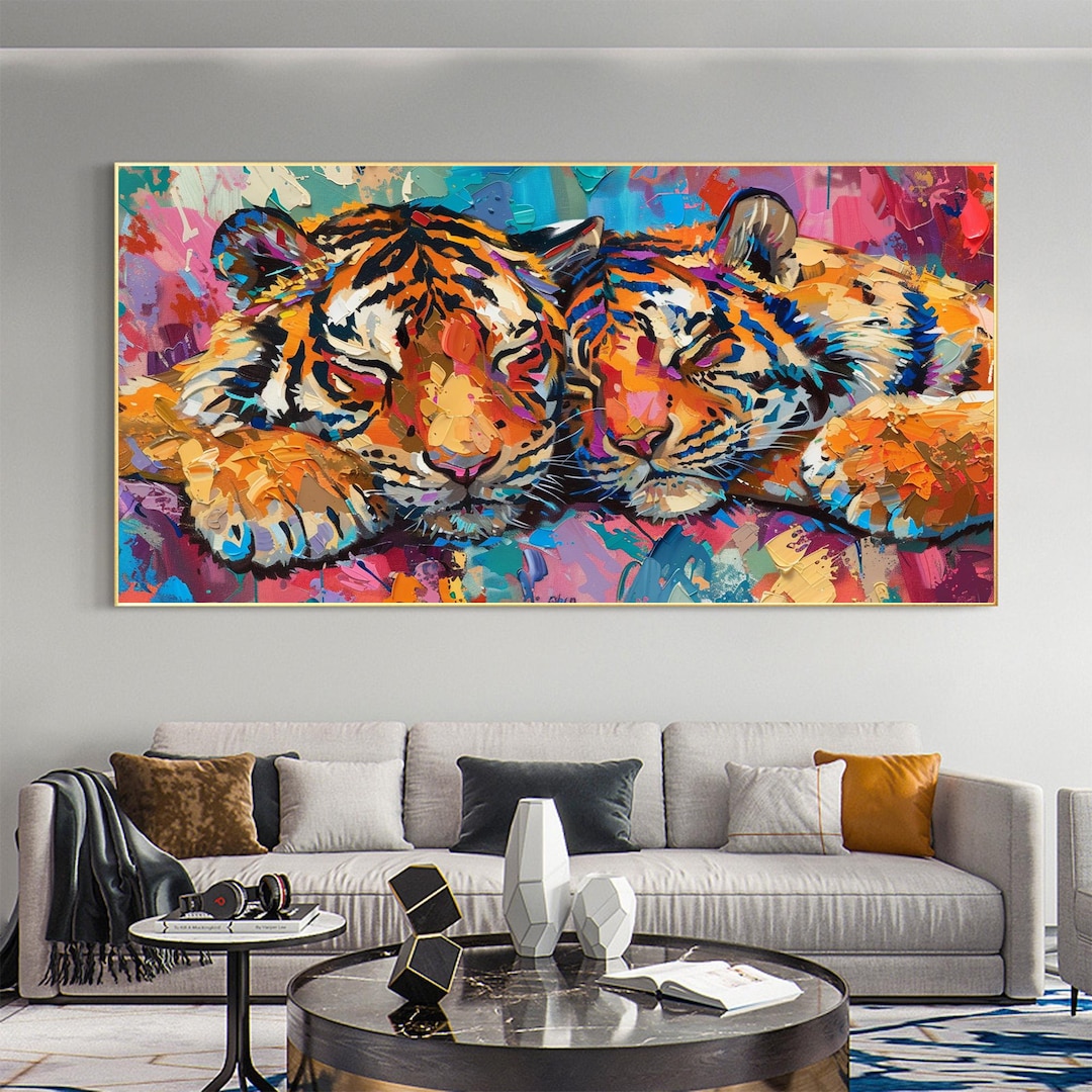 Original Colorful Tigers Oil Painting, Textured Wildlife Wall Art ...