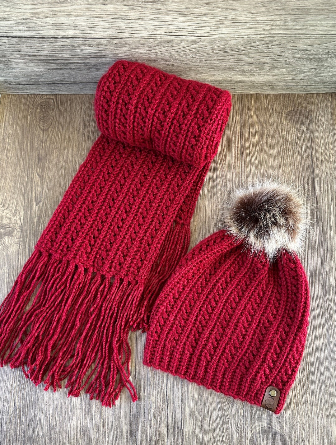 Handmade Crochet Red Scarf Hat Set, Pompom Beanie - Etsy