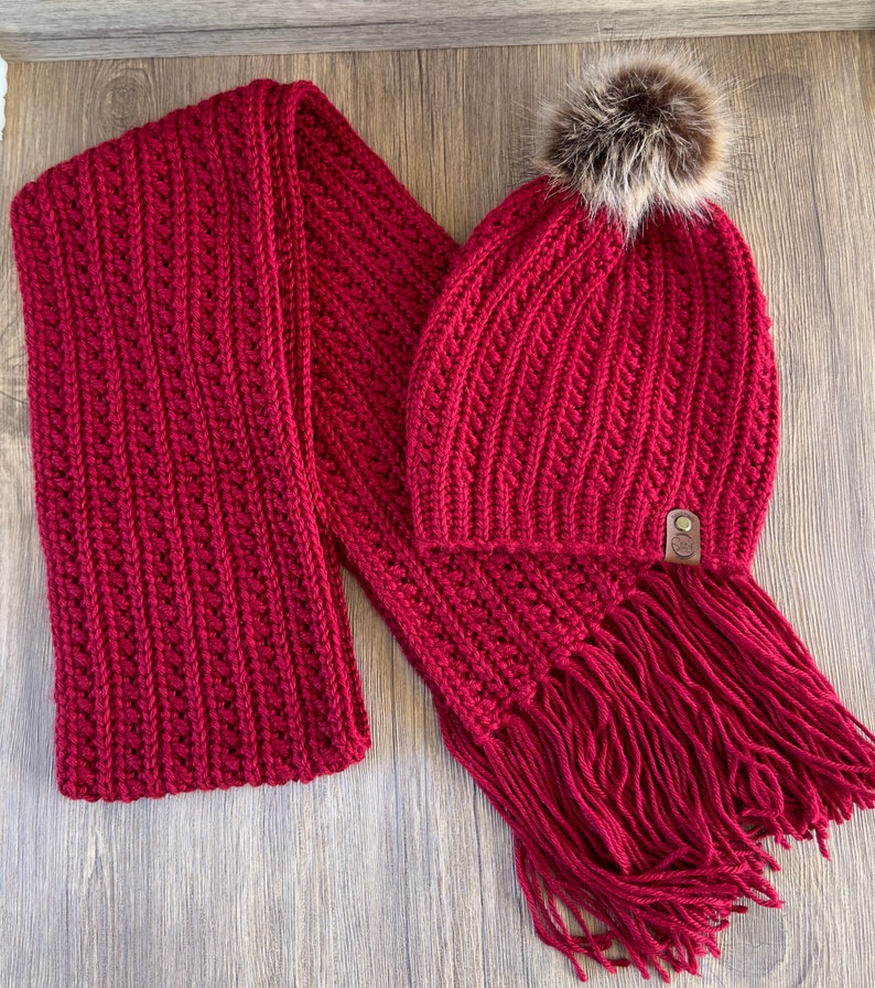 Handmade Crochet Red Scarf Hat Set, Pompom Beanie - Etsy