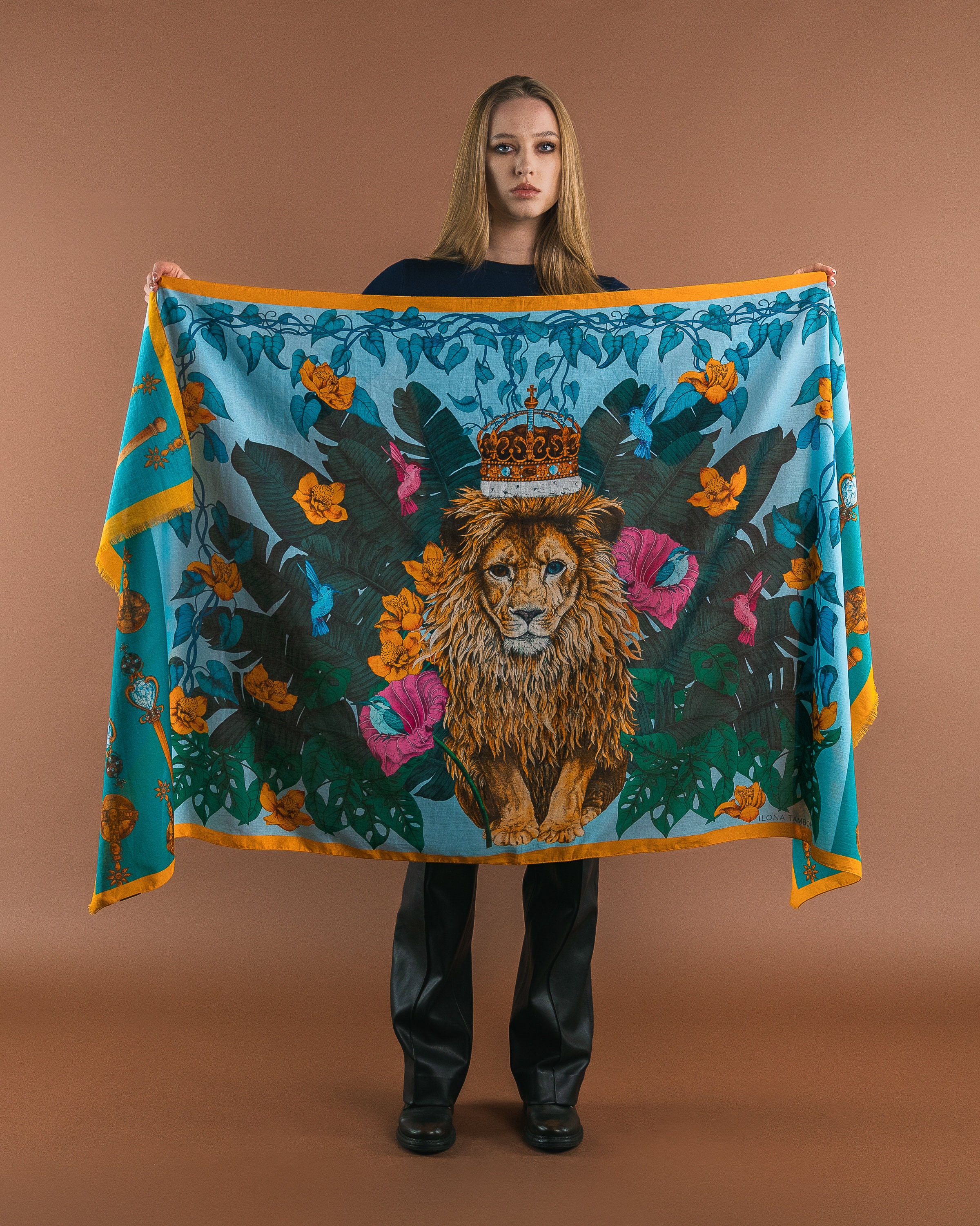 Hand-painted Lion Scarf: Blue Silk Blend Stole, Organic Cotton - Etsy