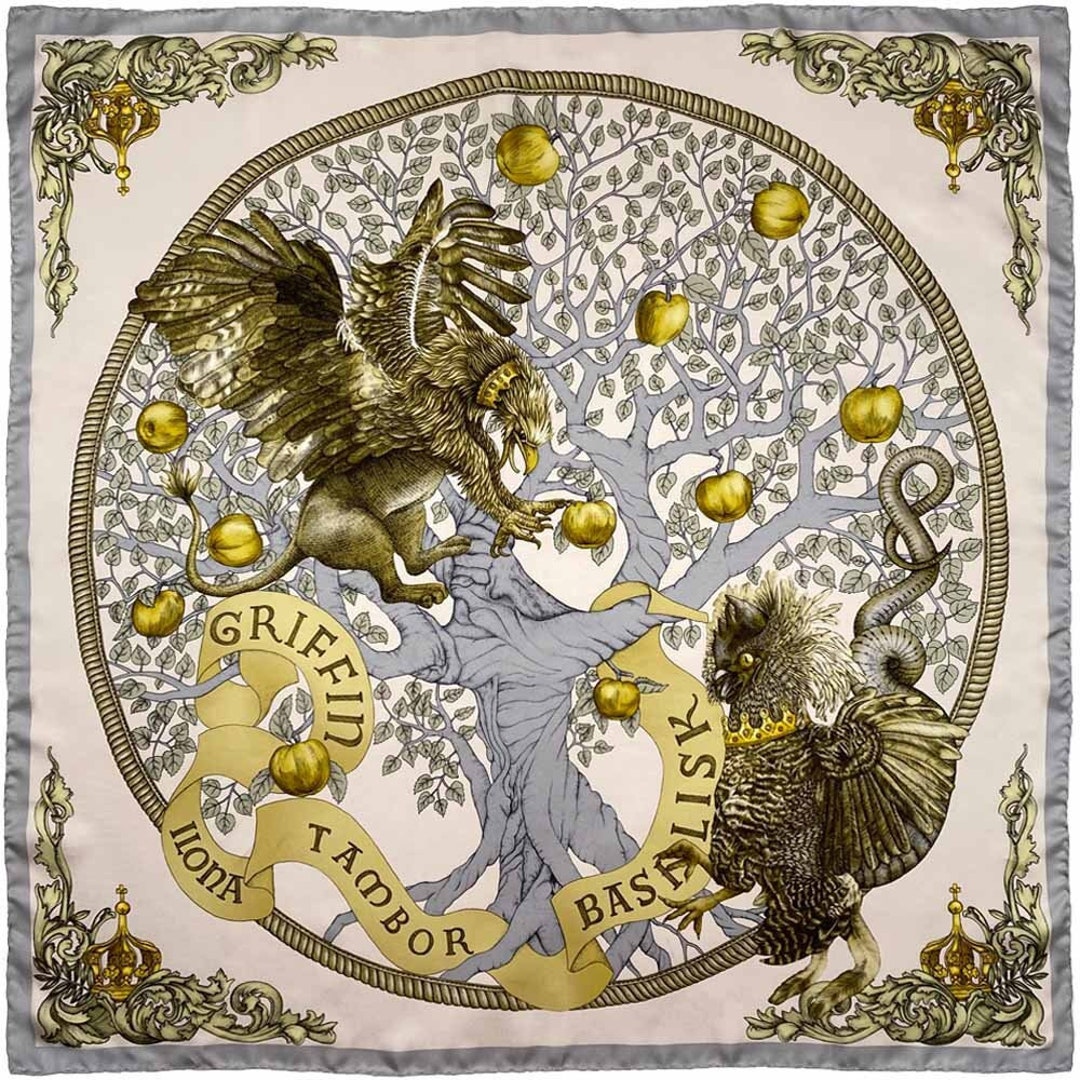 Griffin & Basilisk Silk Scarf - Mythical Creature Print, Mulberry Silk ...