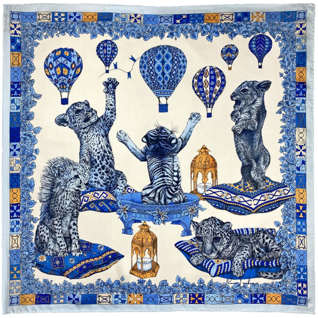 Cats Empire Blue Silk Scarf - Hand-illustrated Leopard and Cat Design ...