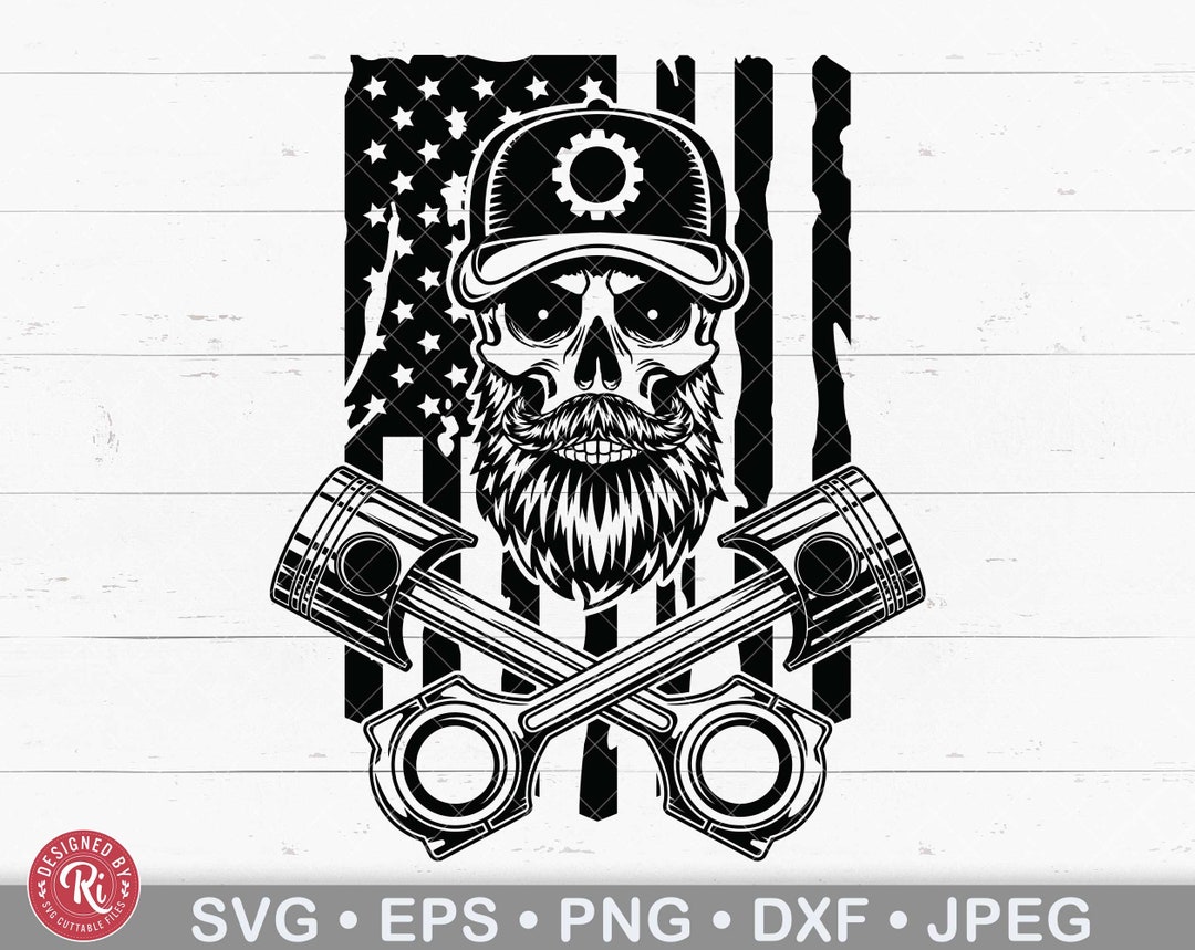 Patriotic Bearded Skull Diesel Car Motorcycle Mechanic Crossed Pistons ...