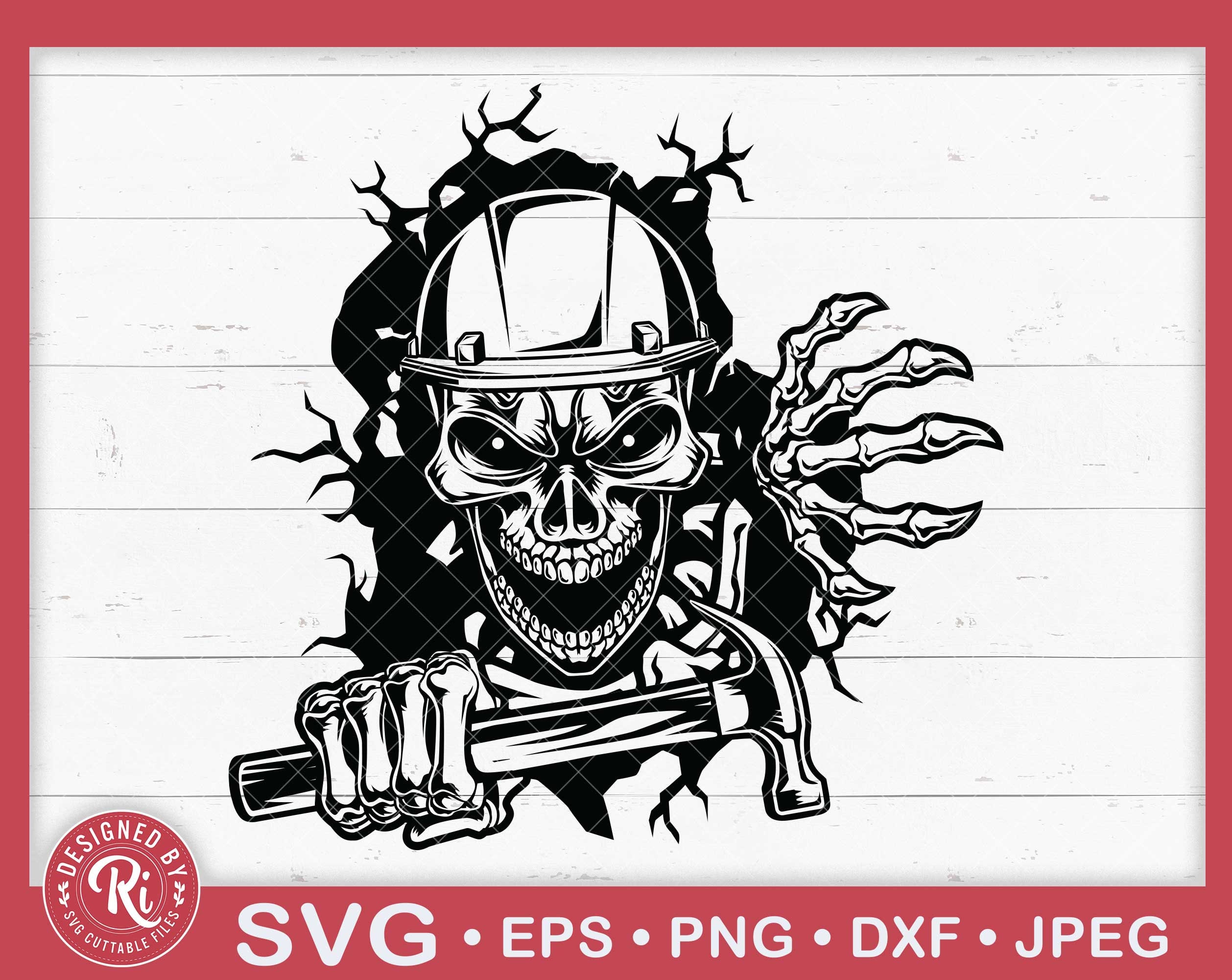 Smashed Wall Carpenter Skeleton Skull With Hammer and Hard Hat Svg ...