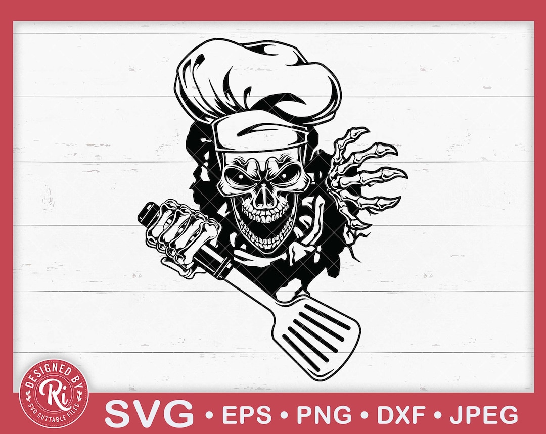 Smashed Wall Skeleton Skull Chef With Spatula and Hat Svg, Cooking ...