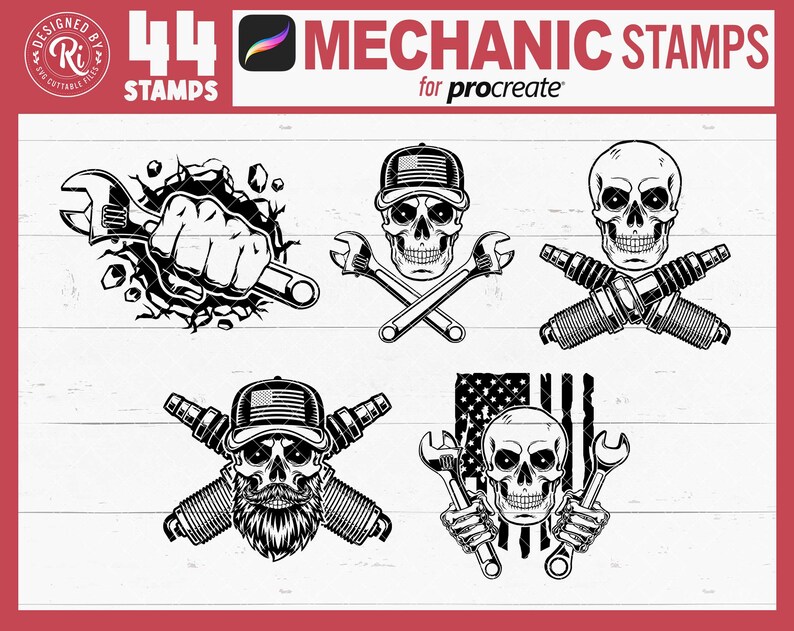 Procreate Mechanic Stamps, Procreate Skull Stamps, Procreate Garage ...