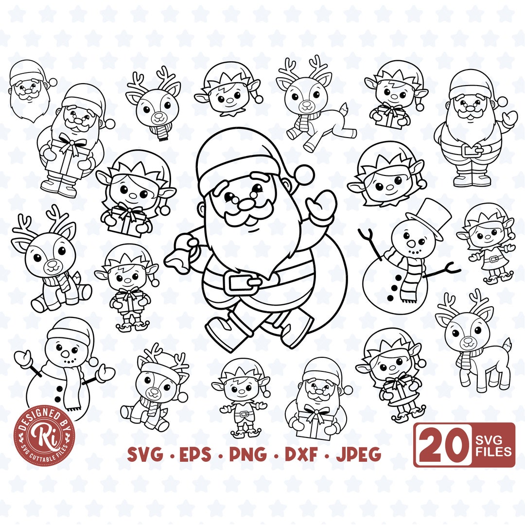 Christmas Outlines SVG Bundle, Cute Santa Claus, Rudolph the Reindeer ...