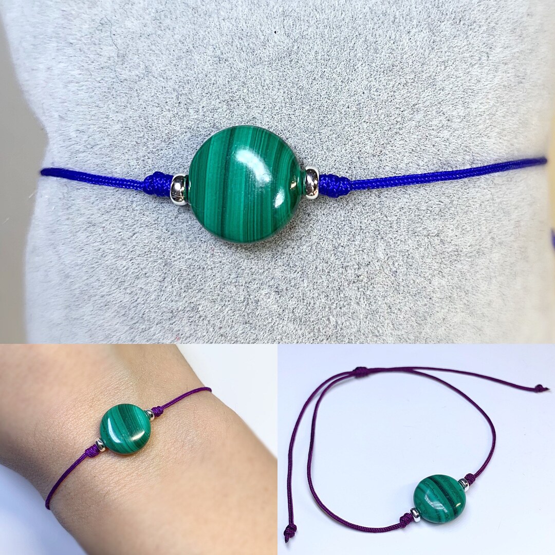 Malachite Natural Stone, 925 Silver Elements Bracelet With Nylon Cord ...