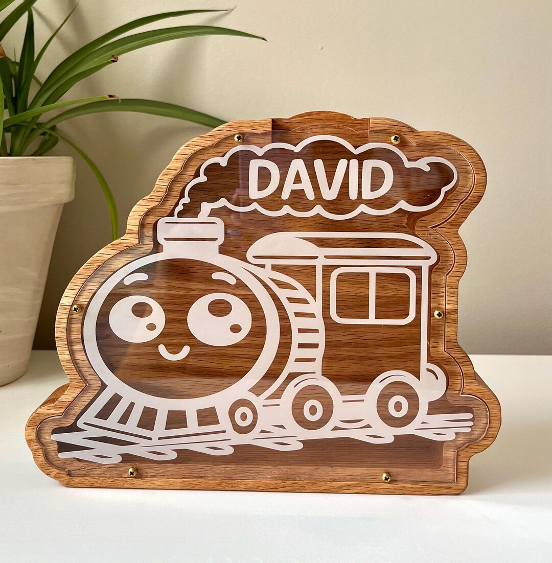 Personalized Train Piggy Bank: USA Handcrafted Oak Nursery Decor - Etsy
