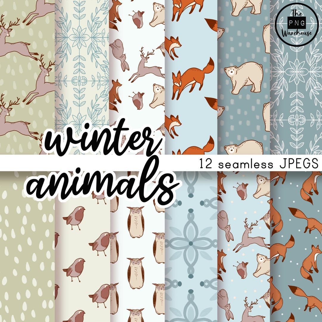 WINTER ANIMALS PATTERNS Digital Paper Pack 12 Jpegs Instant Download ...