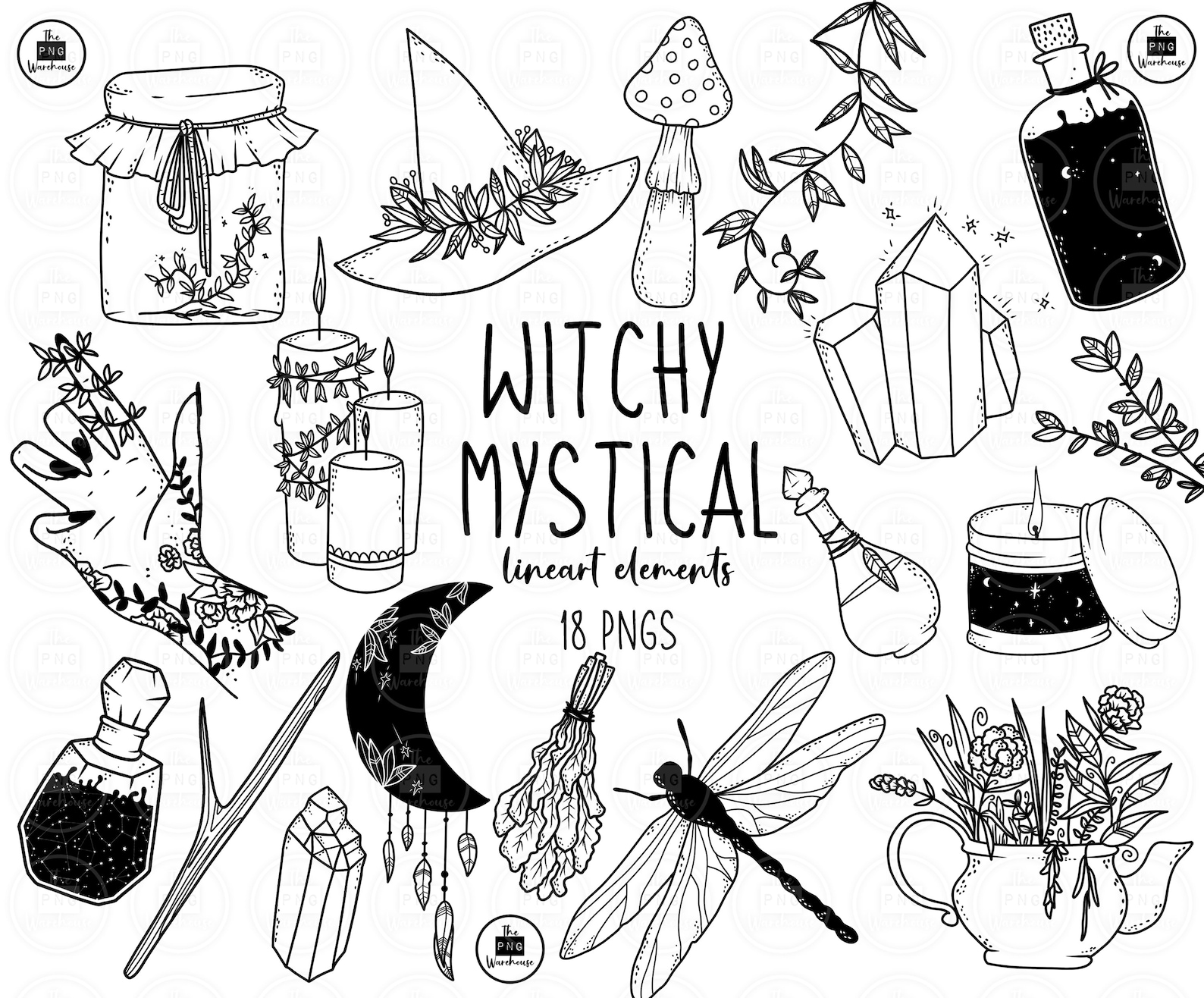 MYSTICAL WITCHY Lineart Elements - 18 Png Clip Art Designs - Instant ...