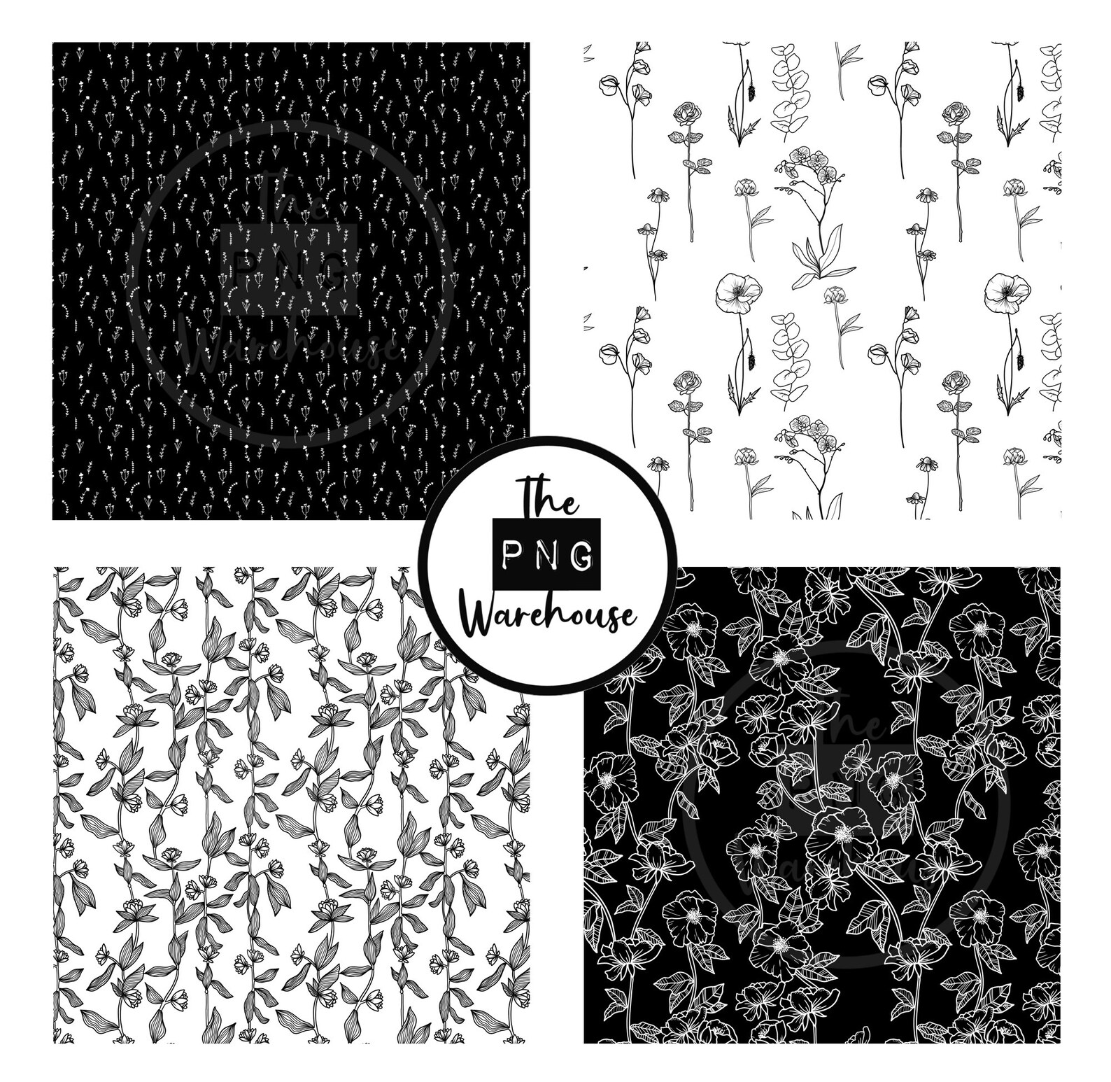 BLACK and WHITE FLORALS - Digital Paper Pack - 12 Jpegs - Instant ...
