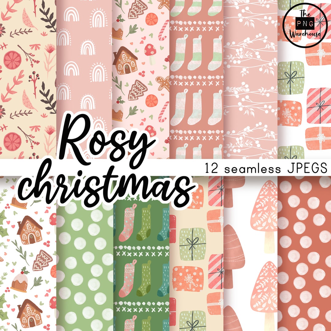 ROSY CHRISTMAS PATTERNS Digital Paper Pack - 12 Jpegs - Instant ...