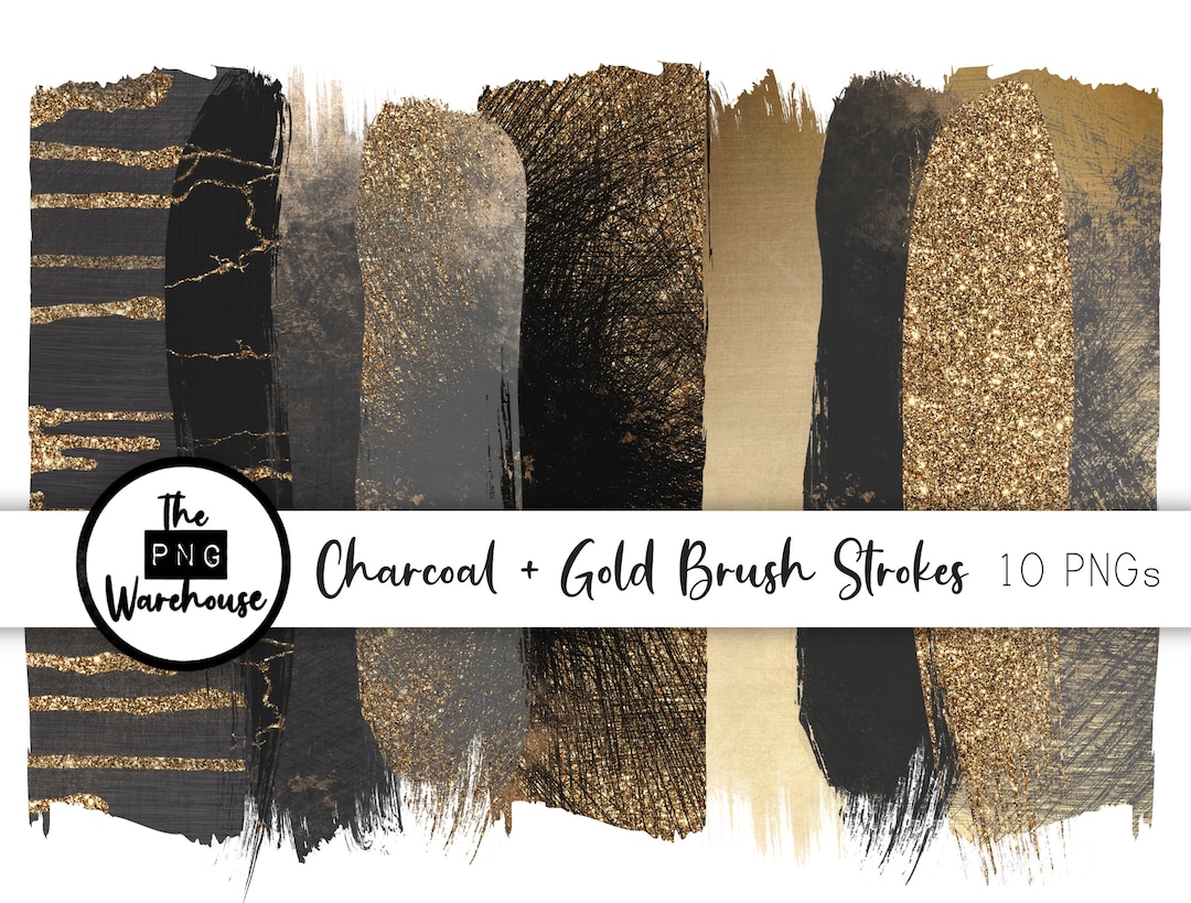 10 CHARCOAL + GOLD BRUSHSTROKES - 10 Png Clip Art Designs - Instant ...