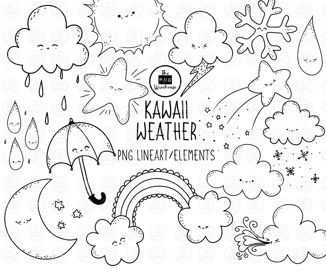 KAWAII WEATHER Lineart Elements - 14 Png Clip Art Designs - Instant ...