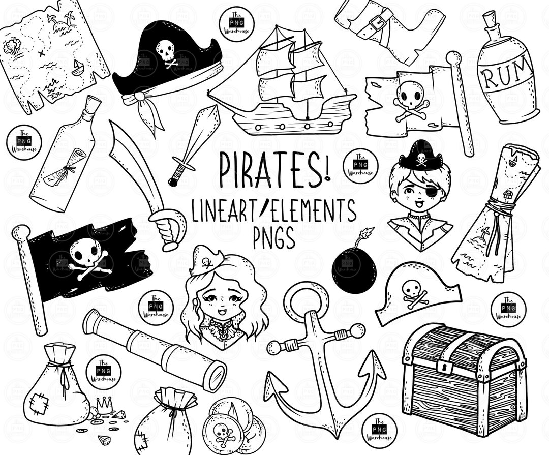 PIRATES Lineart Elements - 21 Png Clip Art Designs - Instant Download ...