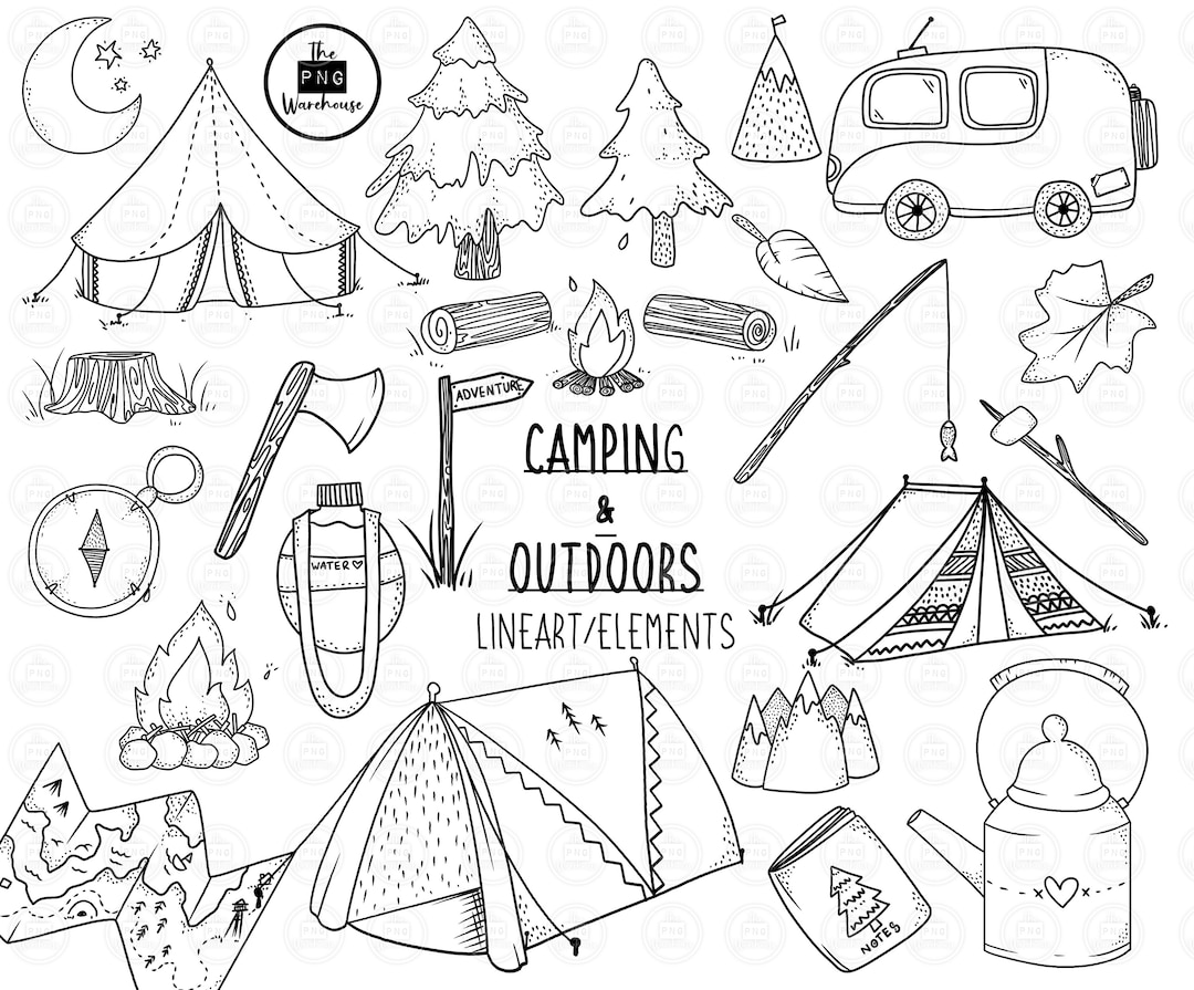 CAMPING + OUTDOORS Lineart Elements - 23 Png Clip Art Designs - Instant ...