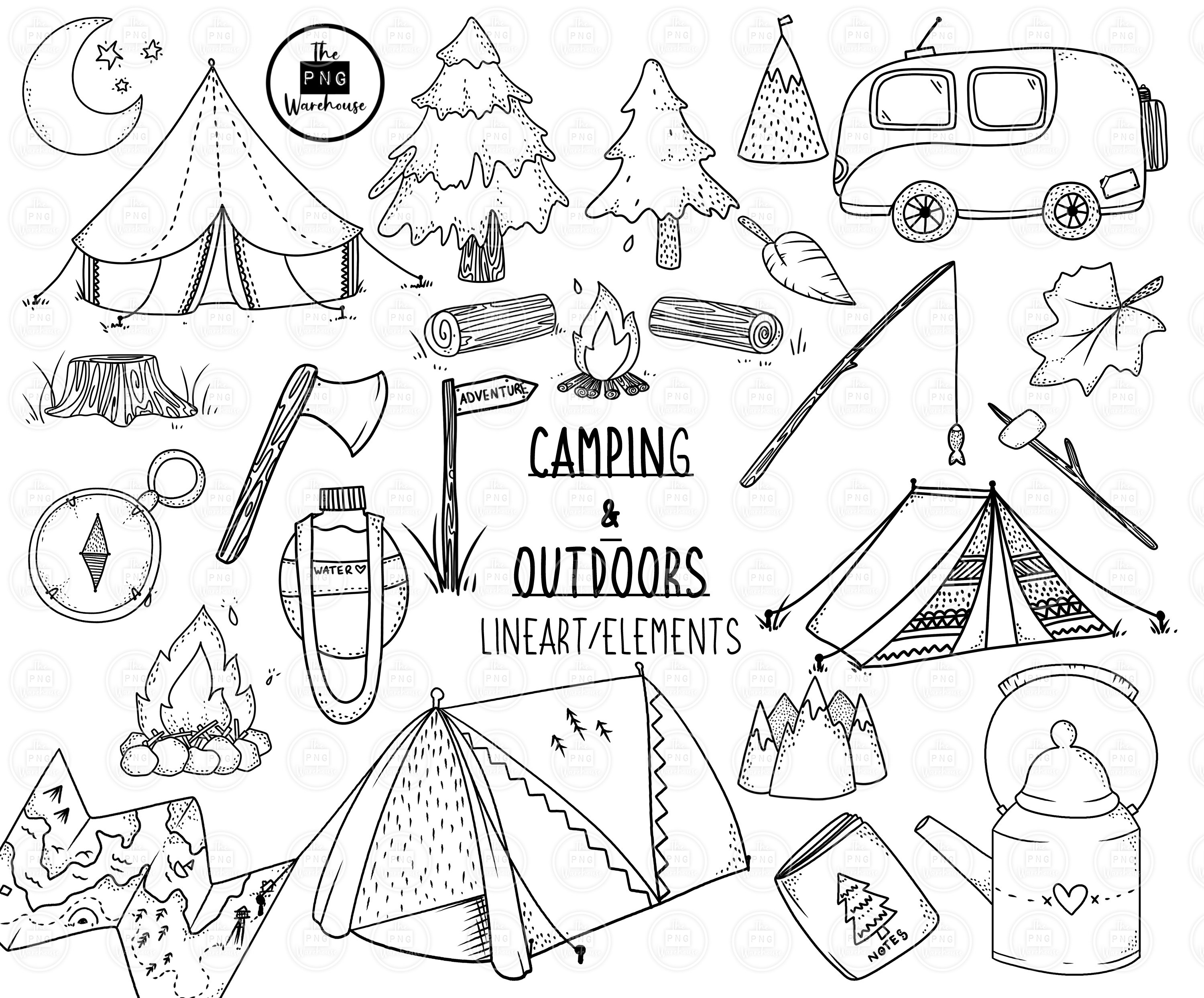 CAMPING OUTDOORS Lineart Elements 23 Png Clip Art Designs | Etsy