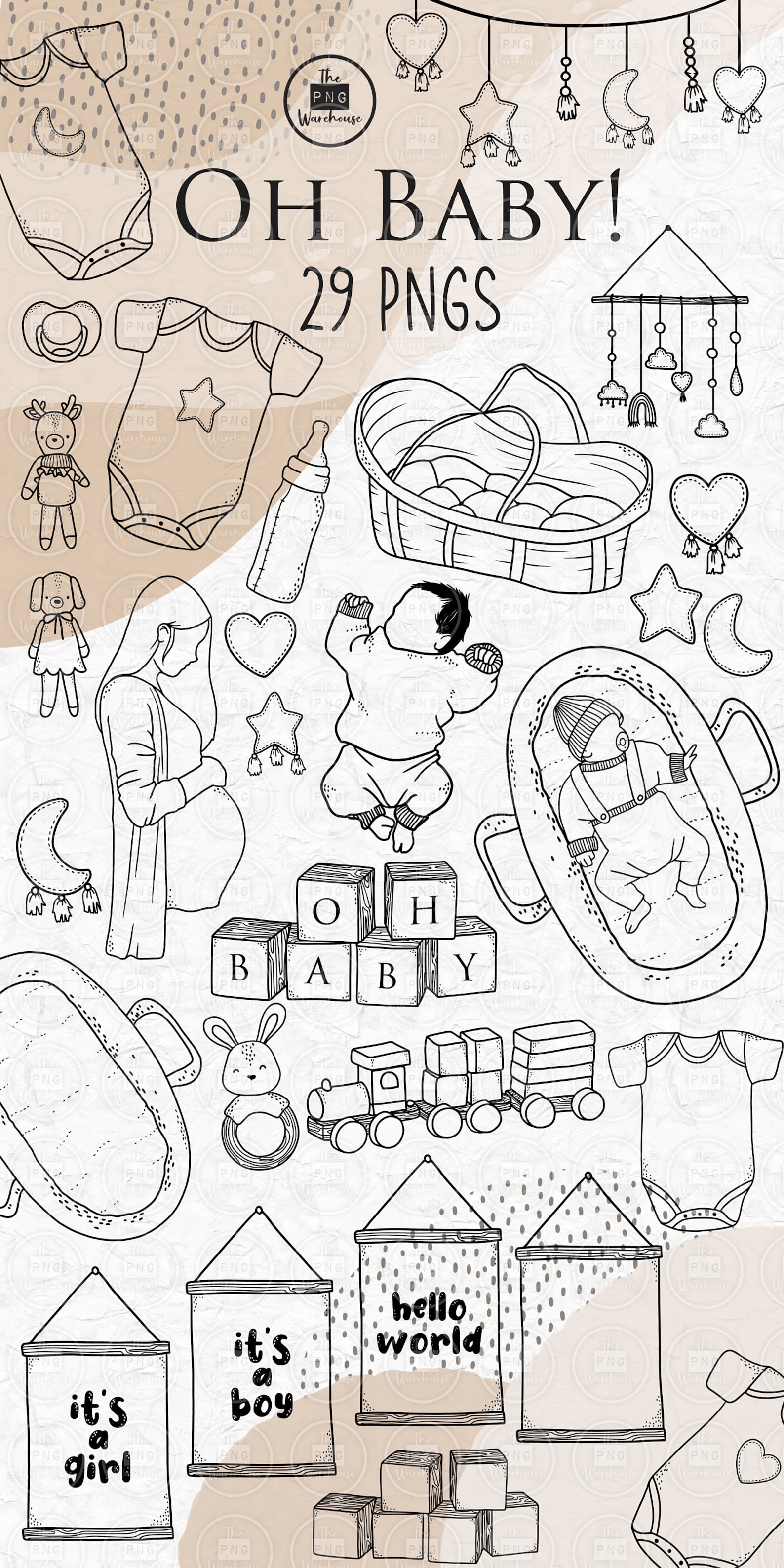 OH BABY Lineart Elements 29 Png Clip Art Designs Instant | Etsy